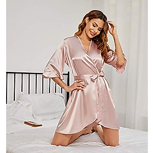 Ekouaer Women's Short Stain Robe Kimono Bathrobe Silk Soft Robe with V-Neck Short Silky Kimono XLarge