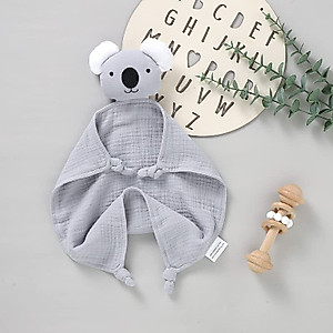LAWKUL Baby Security Blankets Organic Cotton Muslin Lovey Breathable Lovie Soft Cuddly Lovies for Infant Boy Girls Koala Grey