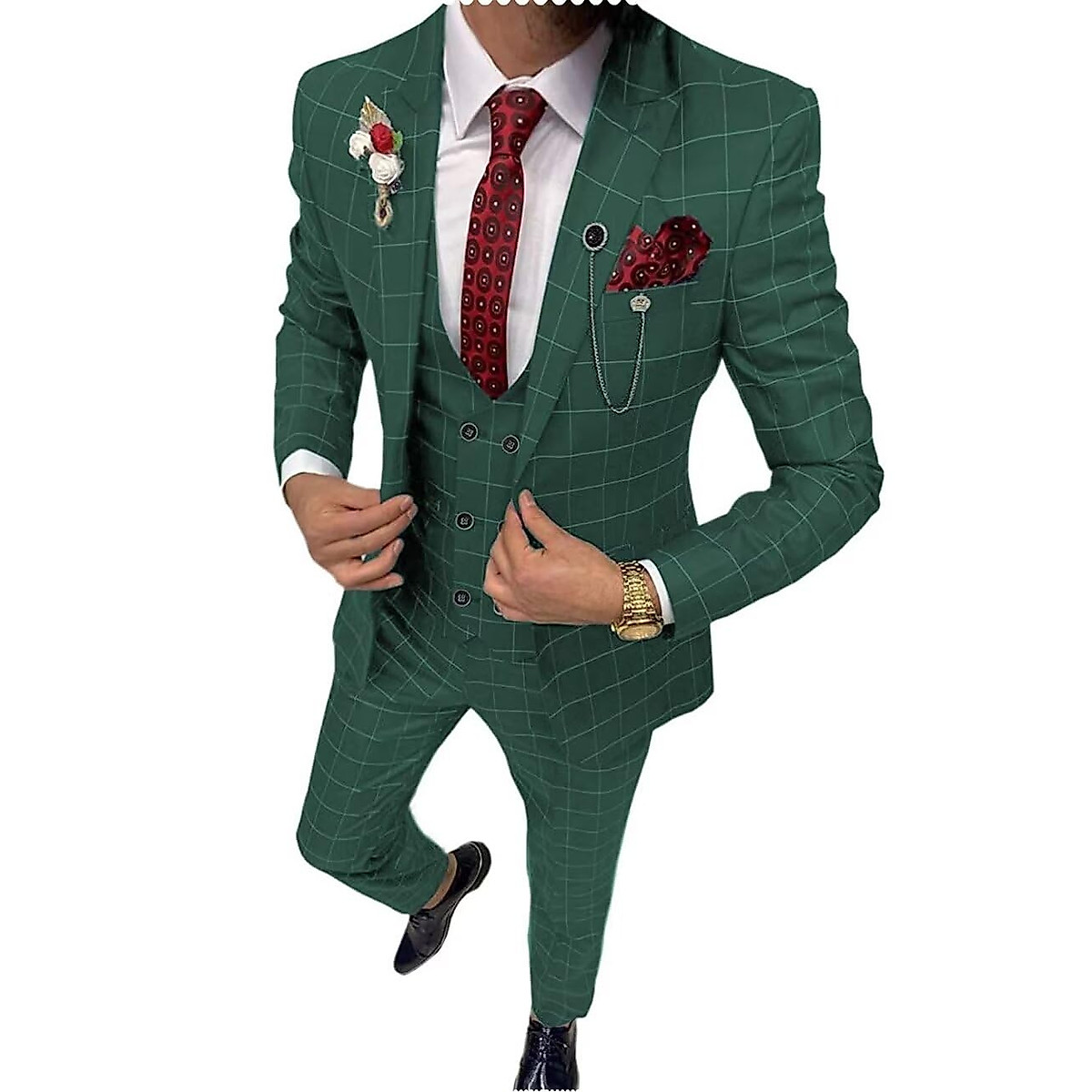 Plaid Suits for Men Hunt Green 3 Peice Checked Suits Slim Fit Suits Formal Wedding Dress Suits Size 4XL