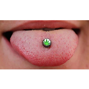 Green Pot Leaf MARIJUANA Logo Tongue Ring. 14Gx9/16(1.6x14mm) 316L Surgical Steel Barbell with 6/6mm Ball Tongue Piericng jewelry. Price per 1 Piece only.