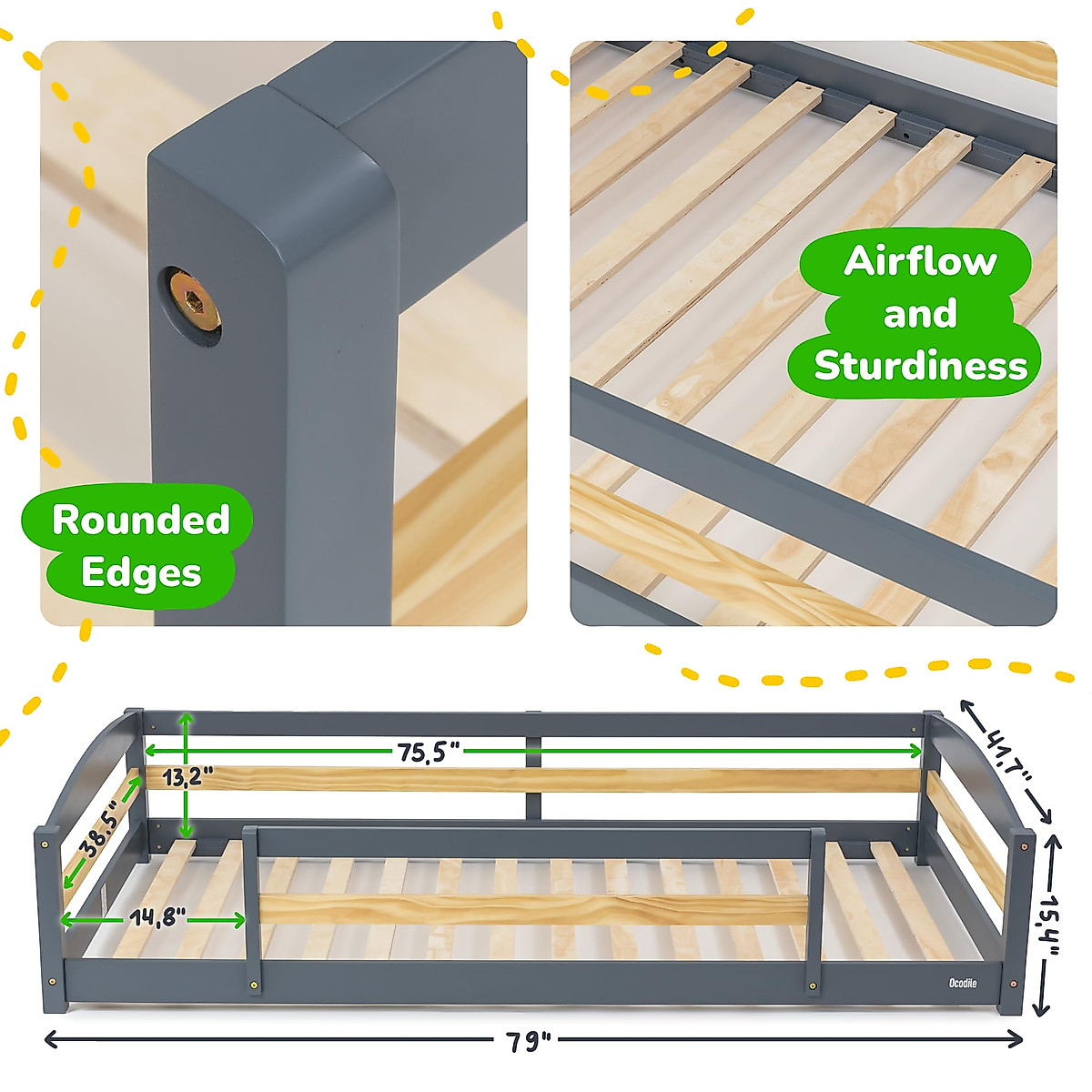 Twin Size Floor Bed with Safety Guardrails for Kids, Montessori Floor Bed with 2 Openings, Twin Bed Frame for Girls and Boys (Gray)