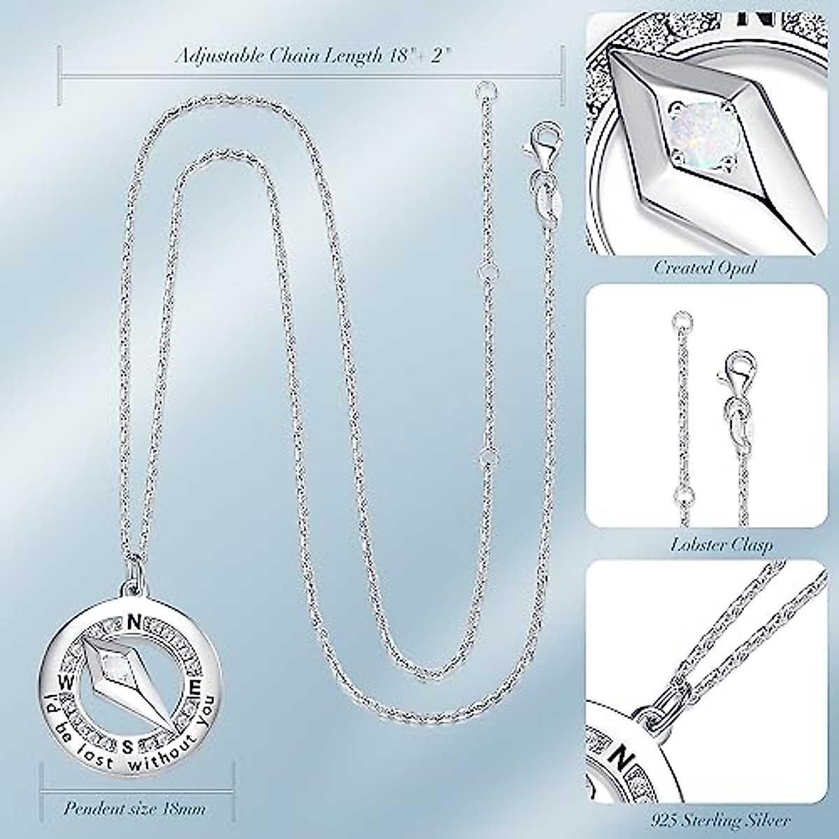 FANCIME Compass Birthstone Necklace for Women Sterling Silver Compass Jewelry Opal Pendant October Birthstone Necklace Gemstone Birthday Christmas Gifts for Girlfriend Wife Mom Her