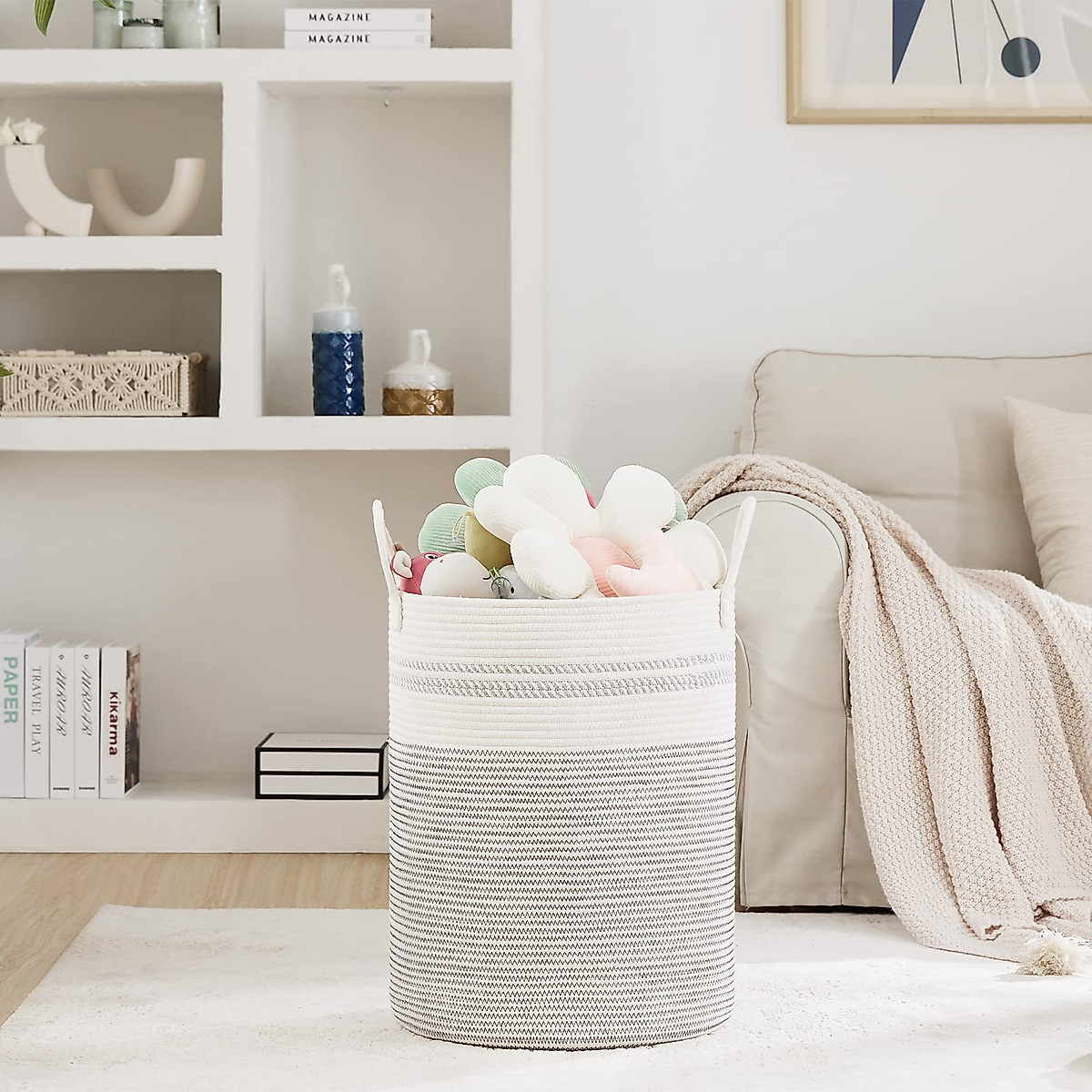 Fiona's magic 58L Woven Rope Laundry Hamper, Tall Boho Laundry Basket Storage, Large Baby Nursery Hamper for Blankets, Toys and Clothes Hamper for Bedroom and Living Room Organizing, Jute, White