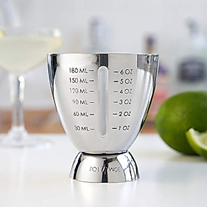 True Vista Double Jigger for Bartending, 6 Ounce Measuring Cup & 1 Ounce Cocktail Jigger Base, Stainless Steel Silver Polish Alcohol Measuring Tools & Barware Essentials, Set of 1, Silver