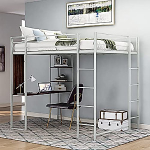 Merax Metal Loft Bed wit Desk and Shelves/Metal Slat Support/Space-Saving Twin, Silver