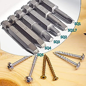 Square Head Screwdriver Bits 6 Sizes SQ1, SQ2, SQ2.7, SQ3, SQ4, SQ5, SKZIRI 6PCS 1/4 Inch Hex Shank Square Screwdriver Tool Set Kits Magnetic Tips For Poket Hole Jig