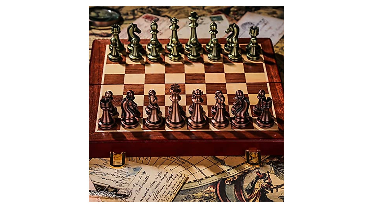 Chess Set for Adult and Kid, 13.5" Folding Wooden Chess Board with Zinc ...