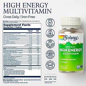 SOLARAY Once Daily High Energy Multivitamin, Iron Free, Immune System and Energy Support, Whole Food and Herb Base Ingredients, Men’s and Women’s Multi Vitamin (30 Servings, 30 VegCaps)