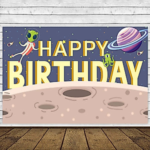 Cartoon Alien Happy Birthday Banner Backdrop Background Outer Space Invaders ET and UFO Monster Theme Decorations Decor for Boys Girls 1st Birthday Out of This World Party Supplies Favors