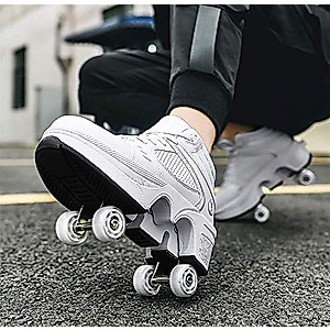 Double-Row Deform Wheel Automatic Walking Shoes Invisible Deformation Roller Skate 2 in 1 Removable Pulley Skates Skating Rollerskates Outdoor Parkour Shoes with Wheels for Girls Boys,White high,US 6