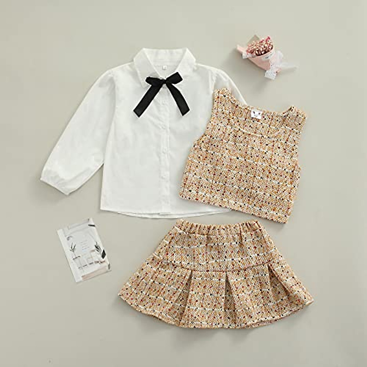 Santikisler Kids Toddler Skirt Outfits Baby Girl Long Sleeve Blouse Tweed Vest Tartan Plaid Skirt Set 3 Piece Fall Winter (White Plaid, 2-3T)