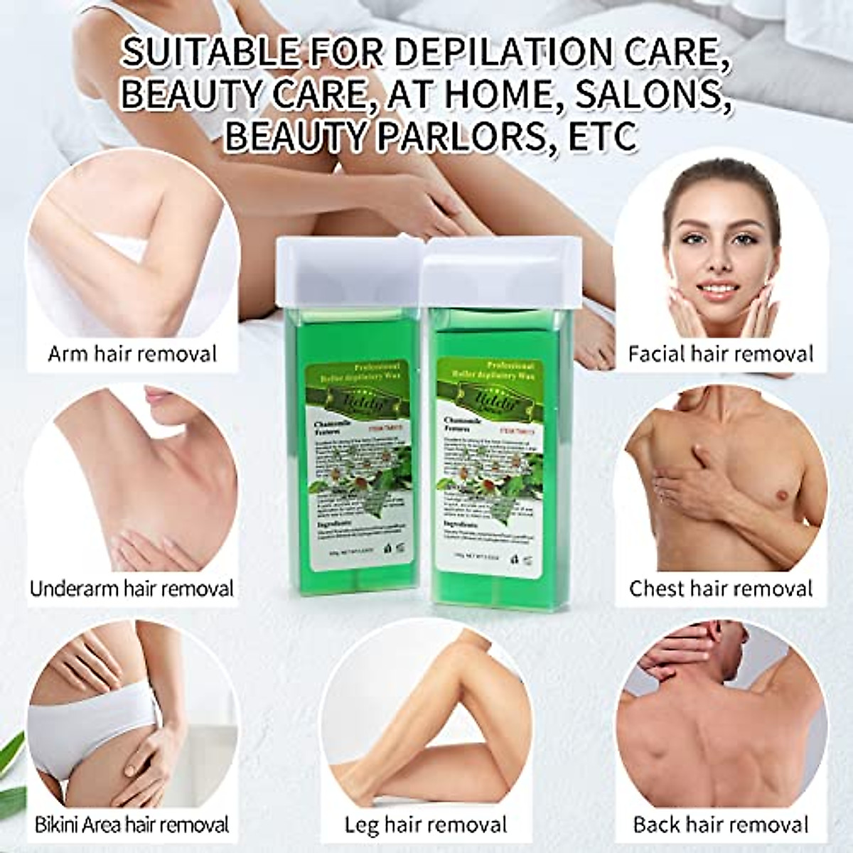 Roll On Wax, Waxing Kit for Women, Roller Waxing Kit for Sensitive Skin, Chamomile Wax Roller Kit for Larger Areas of the Body, at Home Waxing Kit for Women and Men, Hair Removal Wax with Wax Cartridge