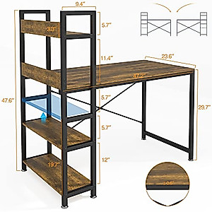 JSungo Computer Desk with 4 Tiers Shelves, 47 Inch Sturdy Table with Reversible Bookshelf for Home Office, Study Tower Desk for Small Space, Industrial Modern Style, Rustic Brown