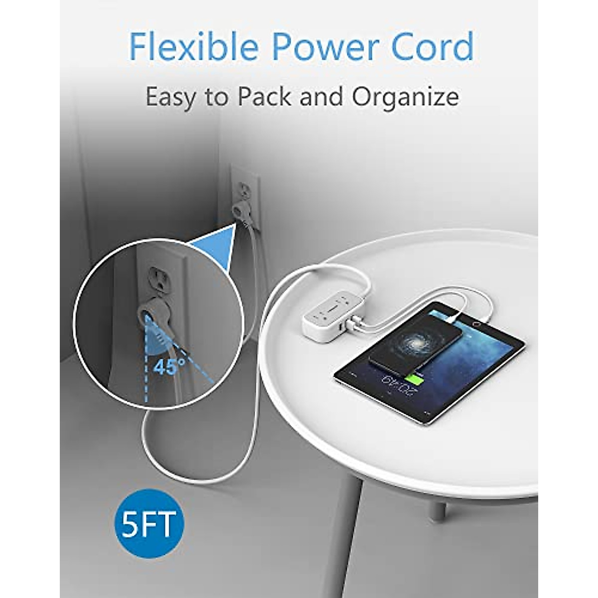 Mini Power Strip with 3 USB Ports, TESSAN 2 Outlet Portable Flat Plug Strip with 5 Ft Small Extension Cord, No Surge Protector for Cruise Ship Essentials Travel