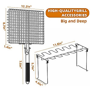 VOXPOA Grill Accessories, Grill Basket and Grill Rack, Portable Folding Stainless Steel Fish Grilling Basket with Removable Handle for Vegetables Steak, Grill Rack for Smoker Grill or Oven