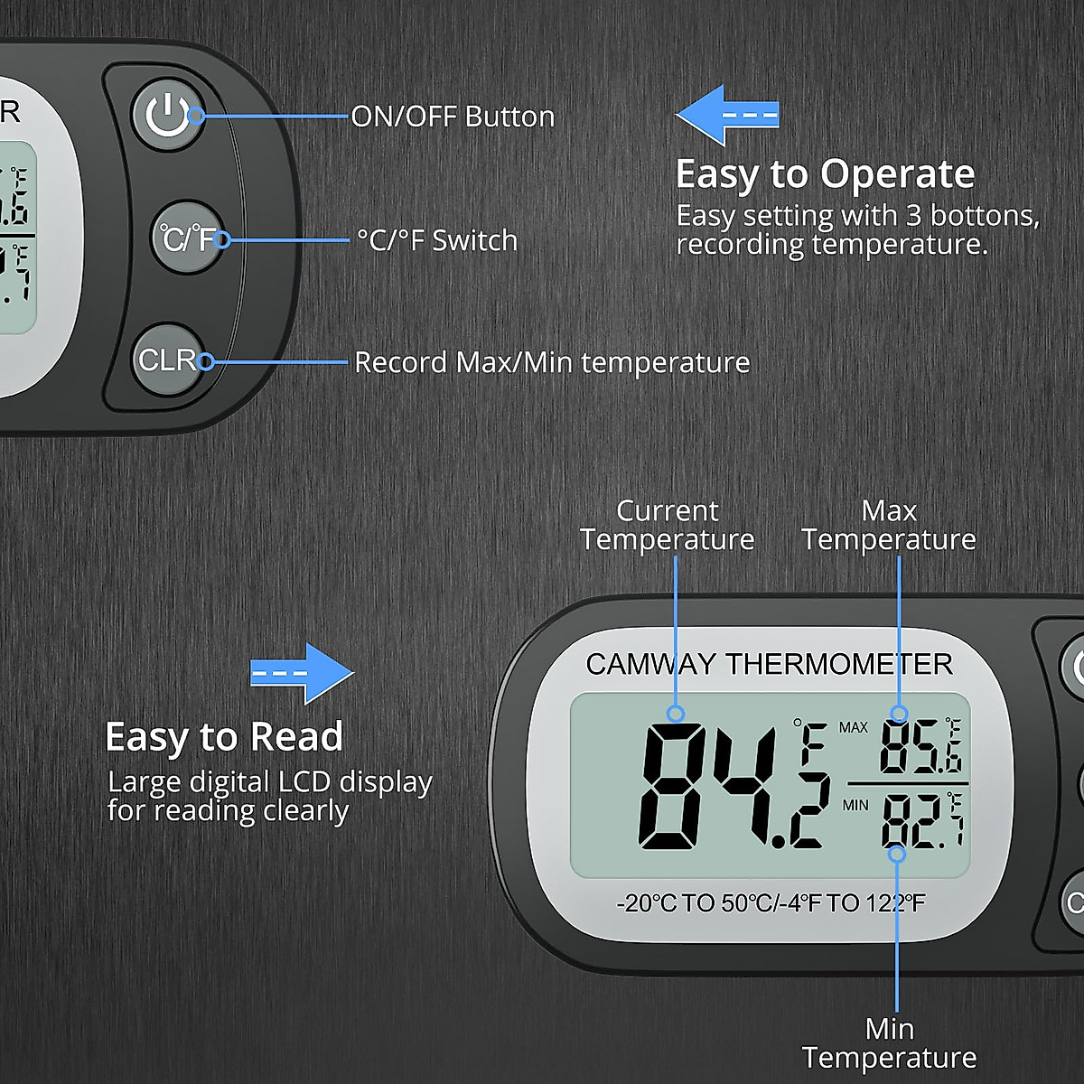 CAMWAY Refrigerator Fridge Thermometer Waterproof Digital Freezer Room Thermometer(-4°F to 122°F) Max/Min Record Function Large LCD Display Fridge and Freezer Thermometers(Black-4Pack)