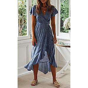 ZESICA Women's 2023 Bohemian Floral Printed Wrap V Neck Short Sleeve Split Beach Party Maxi Dress,Light BlueFloral,Small
