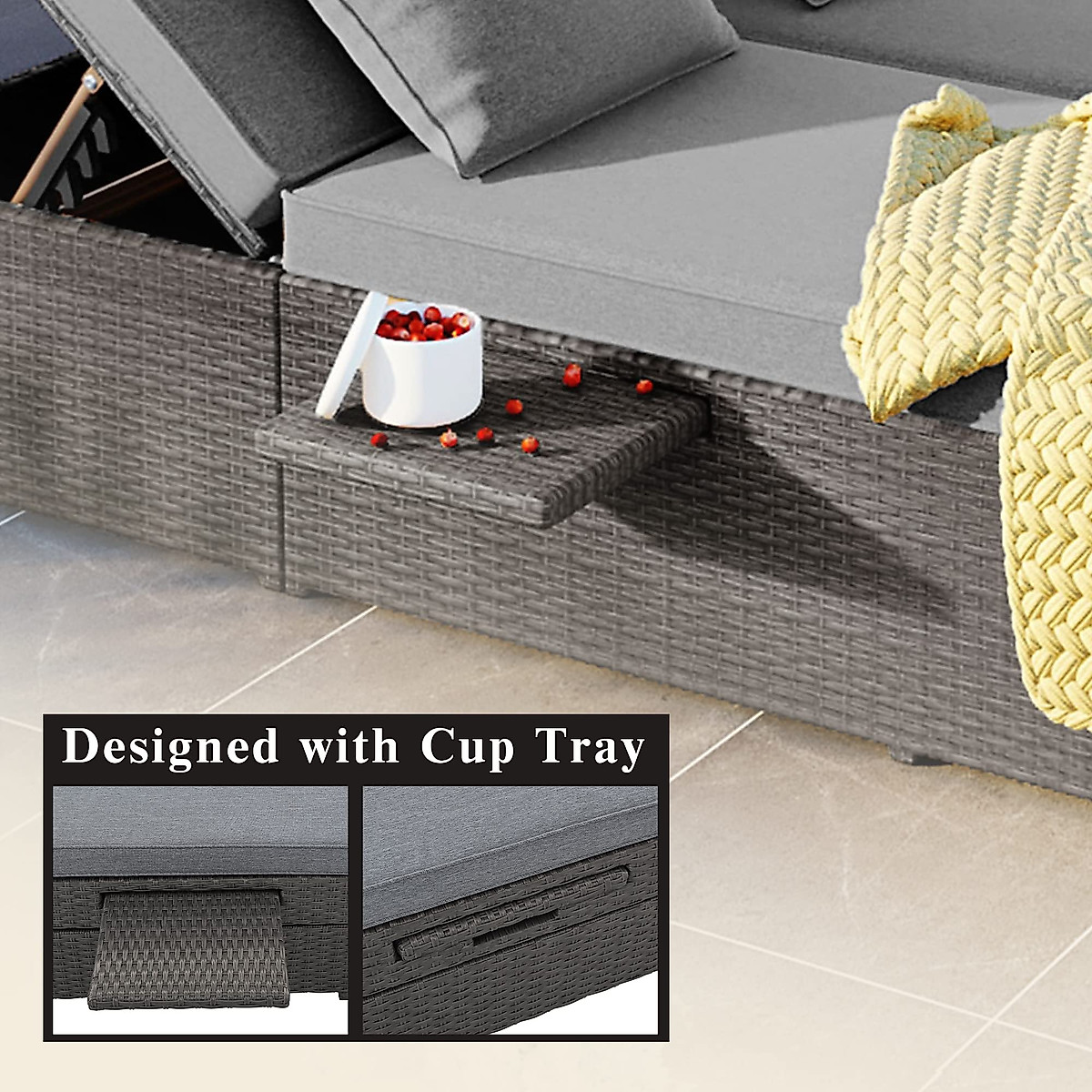 Outdoor PE Rattan Daybed Double Reclining Chairs with Adjustable Backrest and Cup Tray, All Weather Patio Sunbed Lounge Chair Conversations Sofa with Thick Cushions and Pillows for 2 Person (Gray-D)