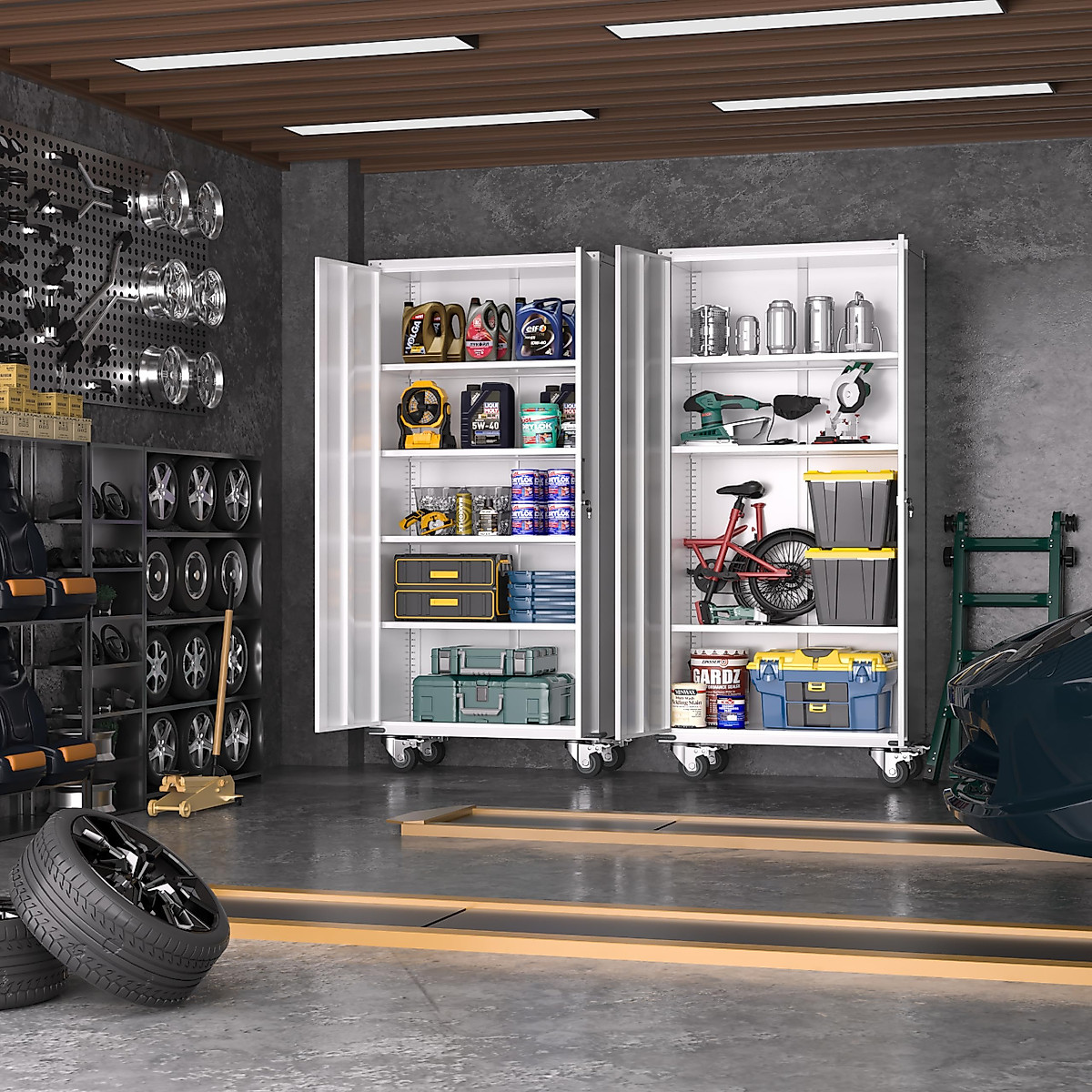 Superday 74” Metal Cabinet with Wheels, Lockable Steel Utility Cabinet with 2 Doors and 4 Adjustable Shelves, Tall Storage Cabinet for Garage, Home Office, Kitchen Pantry, Living Room, Bedroom, White