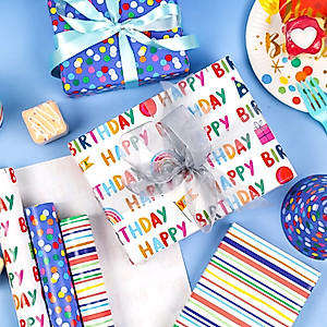 MAYPLUSS Birthday Wrapping Paper Roll - Mini Roll - 17 inch X 120 inch Per roll - Polka dots, Stripes Patterns (42.3 sq.ft.ttl)