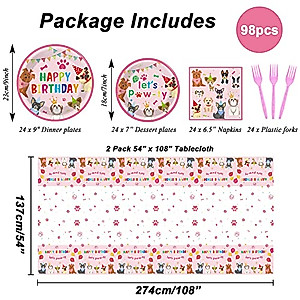 98pcs Dog Birthday Party Decorations Puppy Tableware Set Plates Napkins Pink Dog Theme Tablecloth for Girls Birthday Lets Pawty Party Supplies Kit Pet Dog Table Cover Dinnerware Paw Print Party Favors