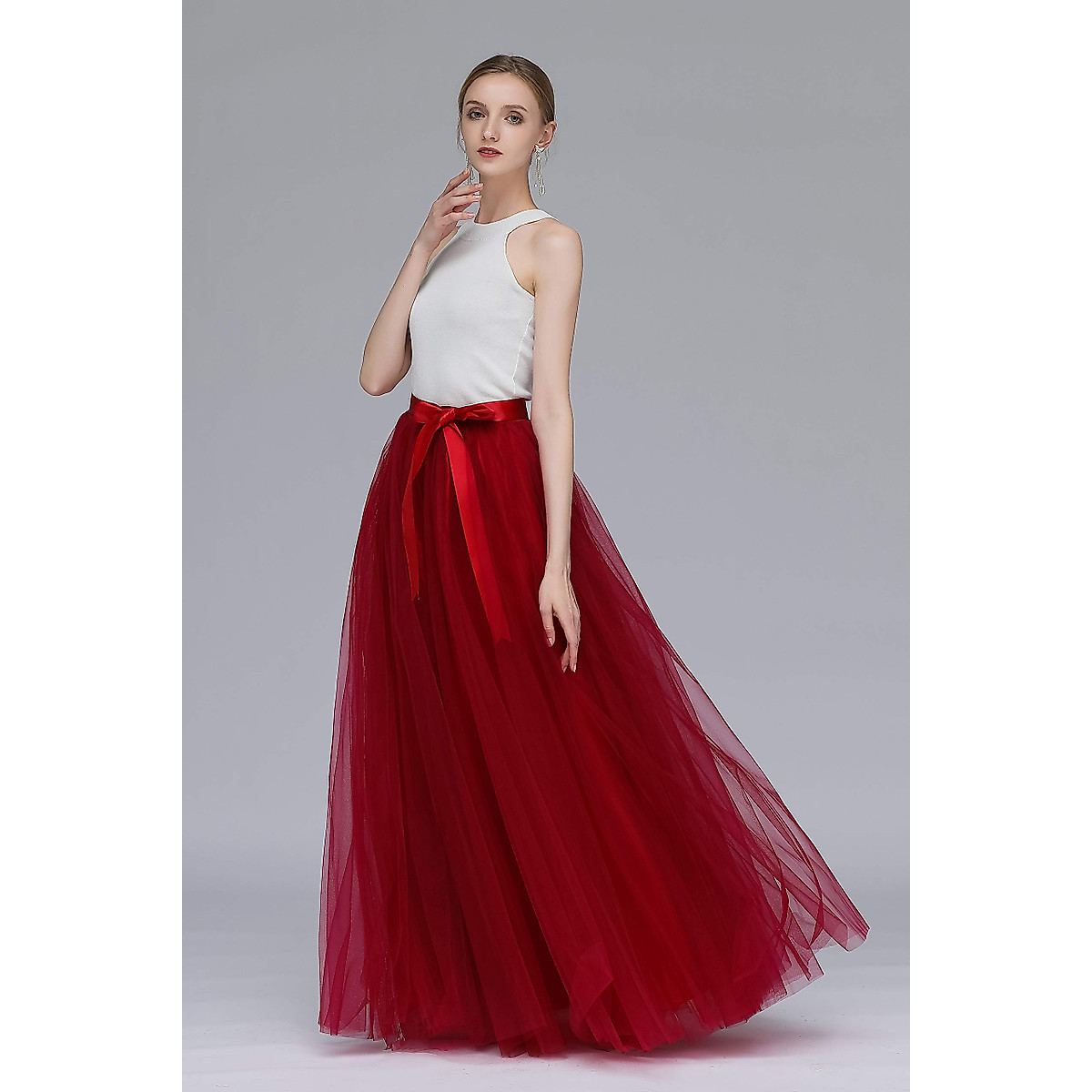 EllieHouse A Line Long Maxi Bridesmaid Tulle Skirt for Wedding Evening Party P68 Burgundy L