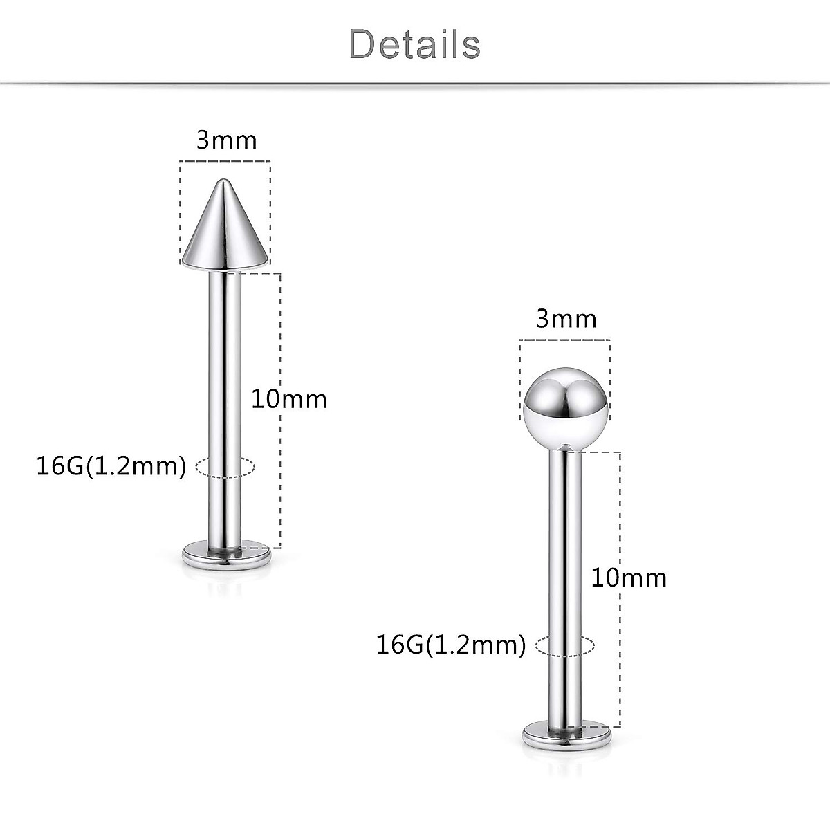 SCERRING 12PCS 16g Stainless Steel 3mm Balls & Spikes Labret Monroe Lip Tragus Cartilage Helix Earring Ring Body Piercing Jewelry 10mm - Silver