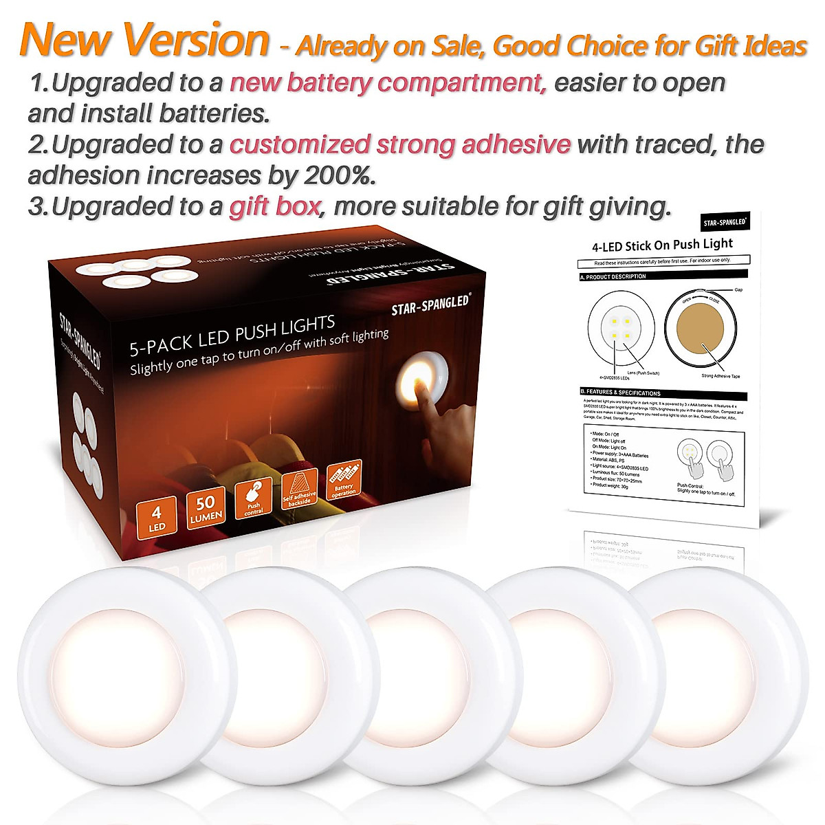 Tap Light Push Lights STAR-SPANGLED Mini Night Touch Light LED Puck Lights Portable Under Cabinet Lighting Battery Operated Powered DIY Stick On Lights Wireless Closet Counter Kitchen Warm White 5Pack