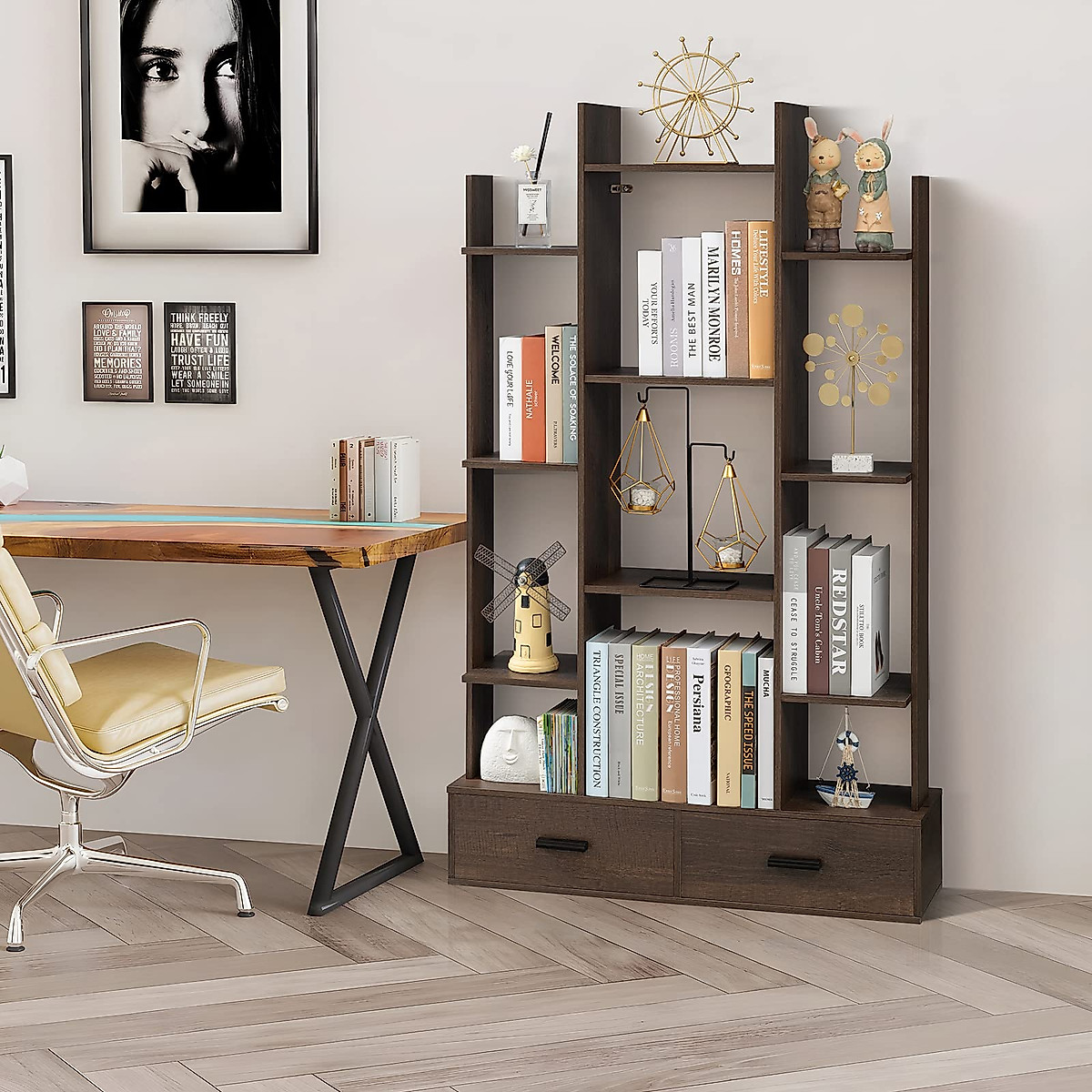 WEENFON Unique Bookcase with 1 Large Drawer, Tree-Shaped Bookshelf with 12 Storage Shelves, Open Standing Ladder Shelf, Bookshelf for Bedroom, Living Room, Office, Dark Brown