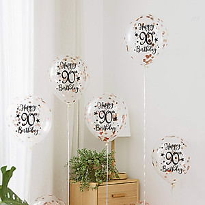 Rose Gold 90th Confetti Latex Balloons, Woman Happy 90 Years Birthday Party Balloon Decoration With Confetti, 12in, 16 Pack