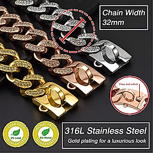 Dog Chain Diamond Cuban Collar, 32MM Heavy Duty Chew Proof Walking Chain Collar with Safe Buckle Design, Luxurious Necklace for Medium Large Dogs