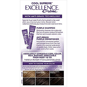 L'Oreal Paris Excellence Cool Supreme Permanent Hair Color, Ash, 100 Percent Gray Coverage Hair Dye, Anti-Brass regimen includes gentle shampoo, and an anti-brass conditioner