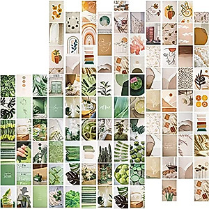 50 Pcs Boho Room Decor Aesthetic Pictures Wall Collage Kit, Photo Collection Collage Dorm Wall Decor for Teen Girls and Women, Double-Sided Art Print, Beige Green Posters Minimalist Wall Art Bedroom Decor
