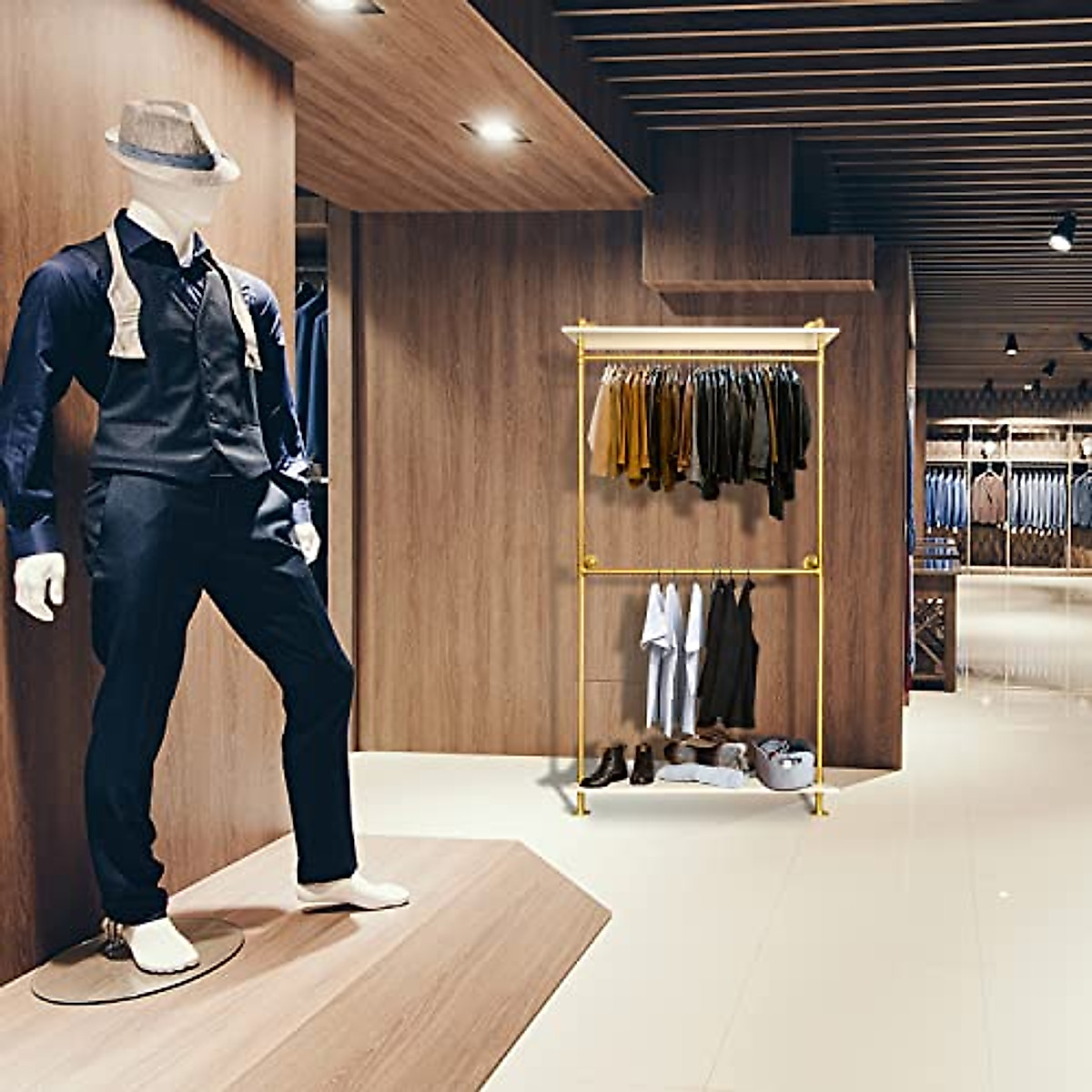 lesolar Industrial Pipe Double Hanging Rods Clothing Rack Gold Clothing Rack,90.55" H Wall Mounted Garment Rack Storage Clothes Hanging Shelf Suitable for Bedroom, Retail Clothing Store, Boutique