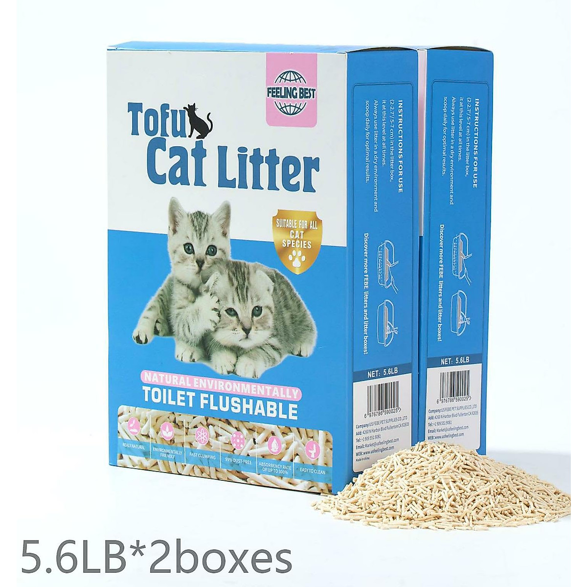 FEELING BEST Tofu Cat Litter 11.2LB(5.6lb×2bag) Clumping, 100% Food Grade Raw Materials, Clumping,Flushable,Ultra Absorbent and Fast Drying,Solubility in Water,Really Dust-Free,Less Scattering