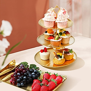 6PCS Gold Cupcake Stand Set, Stainless Steel Dessert Table Display Set, 2PCS 3-Tier Cake Stand, 2PCS Rectangle Serving Tray with Gold Serving Tongs, Candy Cupcake Tower for Wedding Birthday Party