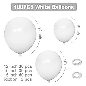Matte White Party Latex Balloons,100 Pcs 12/10/5 Inch Matte White Balloons Different Sizes, Matte White Balloon Garland Arch Kit for Birthday Party Decorations Wedding Bridal Gender Reveal Baby Shower