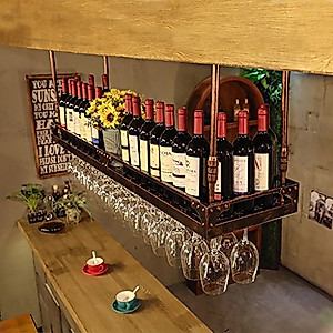 Stylish Simplicity European Wrought Iron Hanging Wine Rack Goblet Shelf Bar Home Wine Glass Rack Upside Down Display Stand Wine Racks, PIBM, Bronze, 120 * 35cm