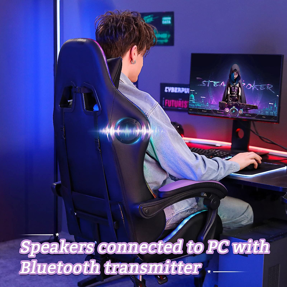 Gaming Chair with Bluetooth Speakers and LED RGB Lights Ergonomic Massage Computer Gaming Chair with Footrest High Back Music Video Game Chair with Lumbar Support Purple and Black