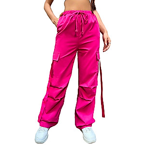 GORGLITTER Women's Drawstring Cargo Pants Flap Pocket High Elastic Waisted Baggy Pants Trousers Hot Pink Medium