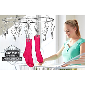 Pro Chef Kitchen Tools Clothes Drying Rack - Round Clothing Racks - Laundry Portable Clothesline Includes 18 Metal Clothespins Hanger Clips Set - Baby Clothes Storage Closet - Herb Hanging Air Dryer