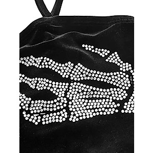 Verdusa Women's 2pc Rhinestone Skeleton Pattern Cami Crop Top Hoodie Cover Up Sweatshirt Black M