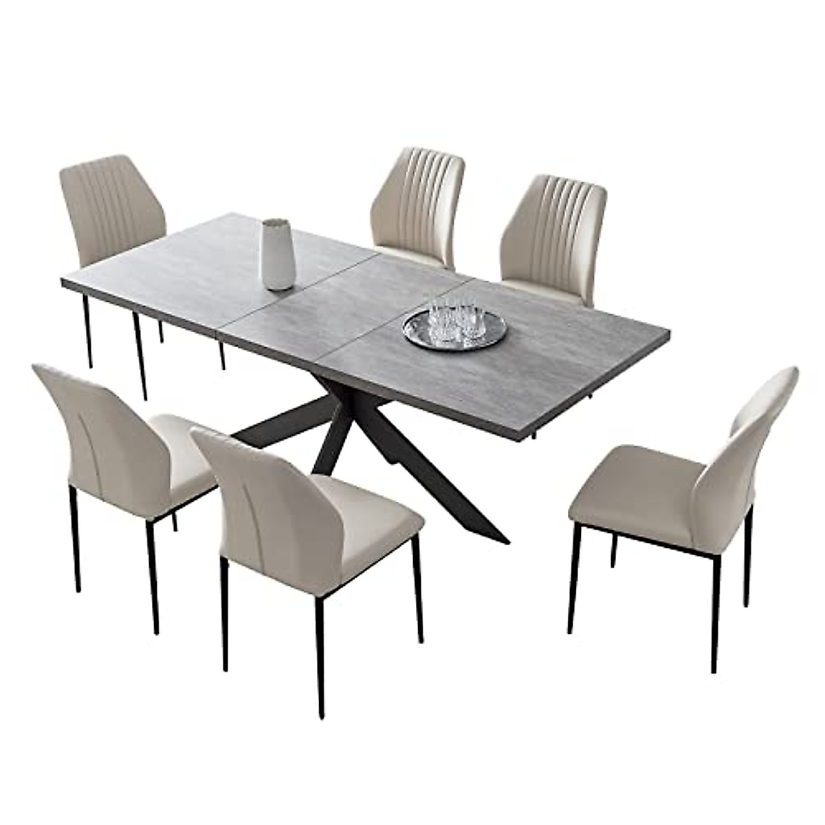ZckyCine 6-8 People Modern Dining Table Rectangular Kitchen Space-Saving Expandable Metal Frame (Gray + 6 Beige Chairs)