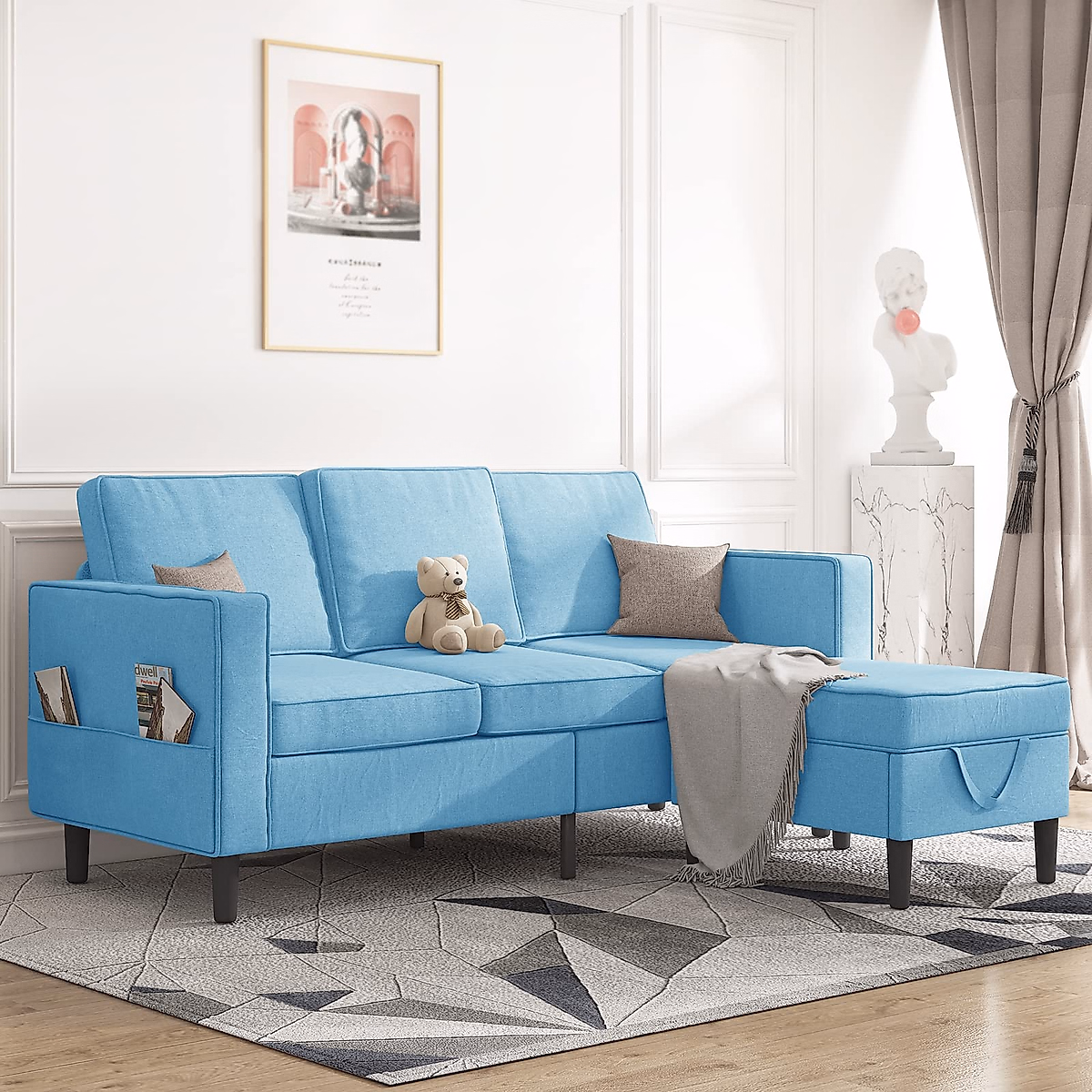 Mjkone Convertible Sectional Sofa Couch, 3-Seat L-Shaped Sofa with Storage Ottoman, Wooden Couch Legs Modern Linen Fabric Reversible Chaise for Living Room, Studio, Apartment - Blue