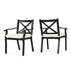 Christopher Knight Home Exuma Outdoor Cast Aluminum Dining Chairs with Water Resistant Cushions, 2-Pcs Set, Black / Ivory