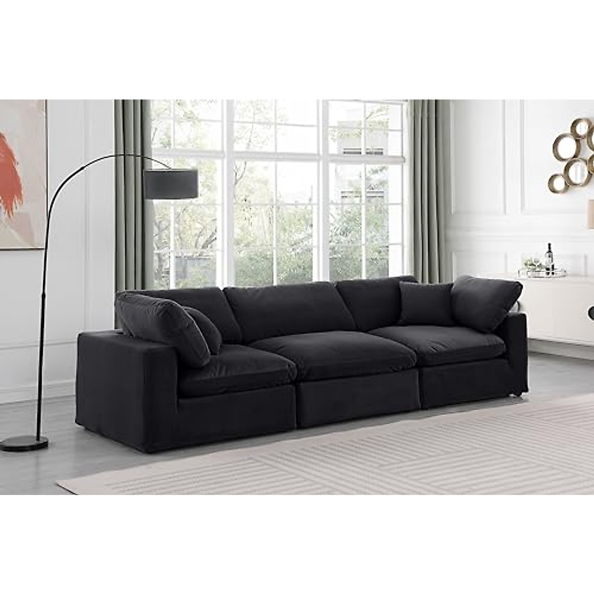 Meridian Furniture 189Black-S119 Comfy Collection Modern | Contemporary Upholstered Modular Sofa with Soft Black Velvet, Down Feather Cushions, 119" W x 40" D x 34.5" H, Black