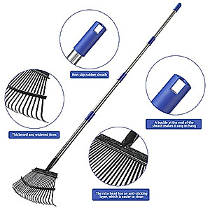 Garden Rake Leaf, 1.1" Diameter Pole & 6 FT Tall Stainless Steel Heavy Duty Adjustable Long Handle Garden Rake , Use for Yard Garden Lawn and Window Leaves（25 Tines）