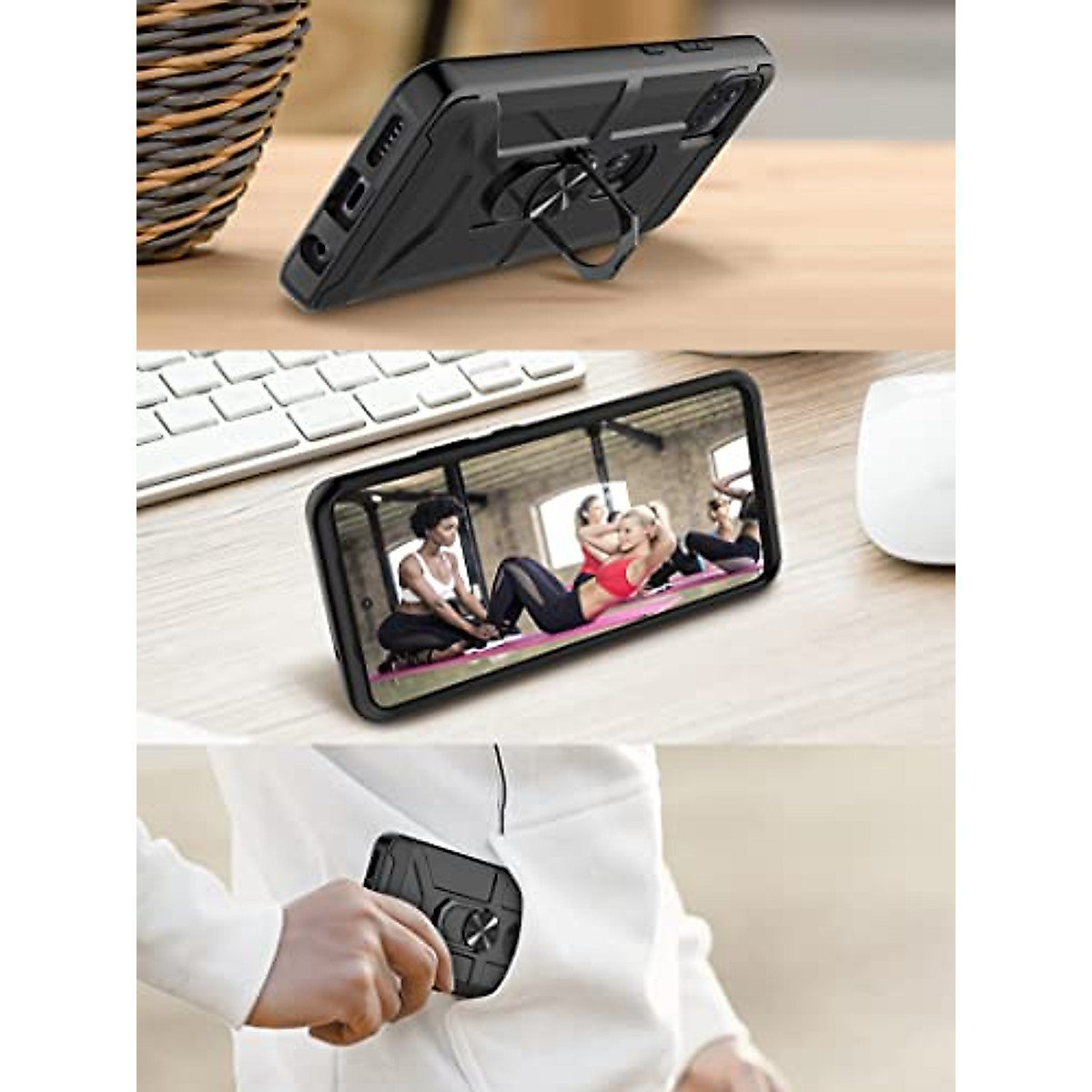 Motorola One 5G Ace Case with [3X Tempered Glass Screen Protector], Built-in Ring Kickstand and Magnetic Car Mount Shockproof Dropproof Military Grade Armor Rugged Case for Moto One 5G Ace - Black