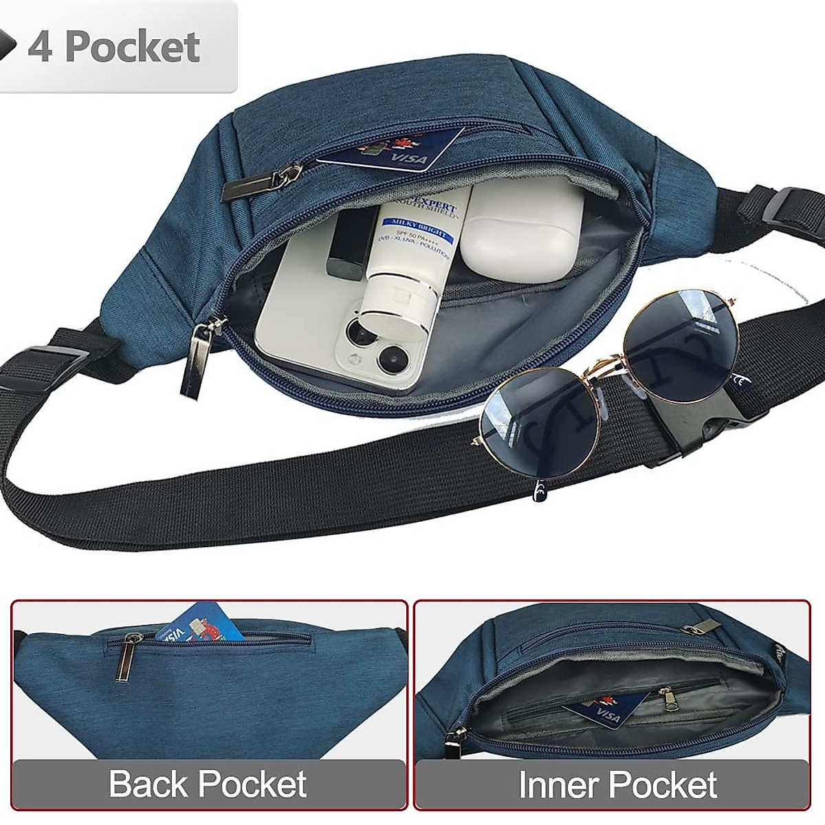 Fanny Pack for Men Women,Crossbody Waist Bag Pack,Belt Bag for Travel Walking Running Hiking Cycling,Easy Carry Any Phone,Wallet (Dark blue)