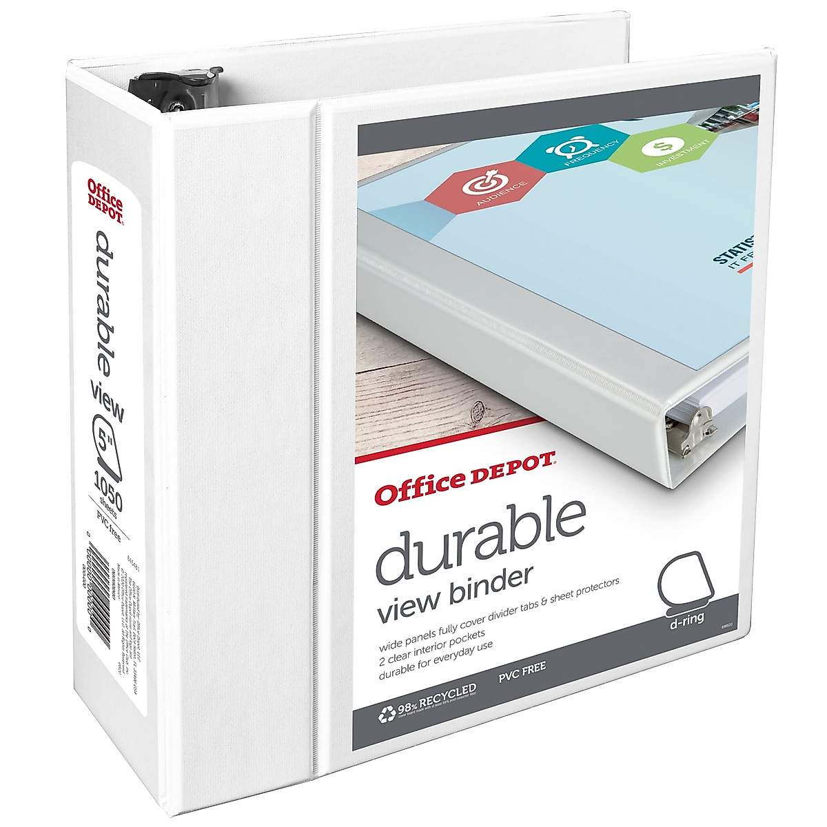 Office Depot® Brand Durable View D-Ring Binder, 5" Rings, 39% Recycled, White